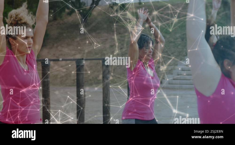 Animation of shapes over diverse women at obstacle course exercising ...