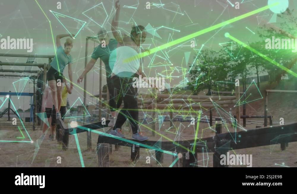 Animation of shapes over diverse women at obstacle course balancing ...