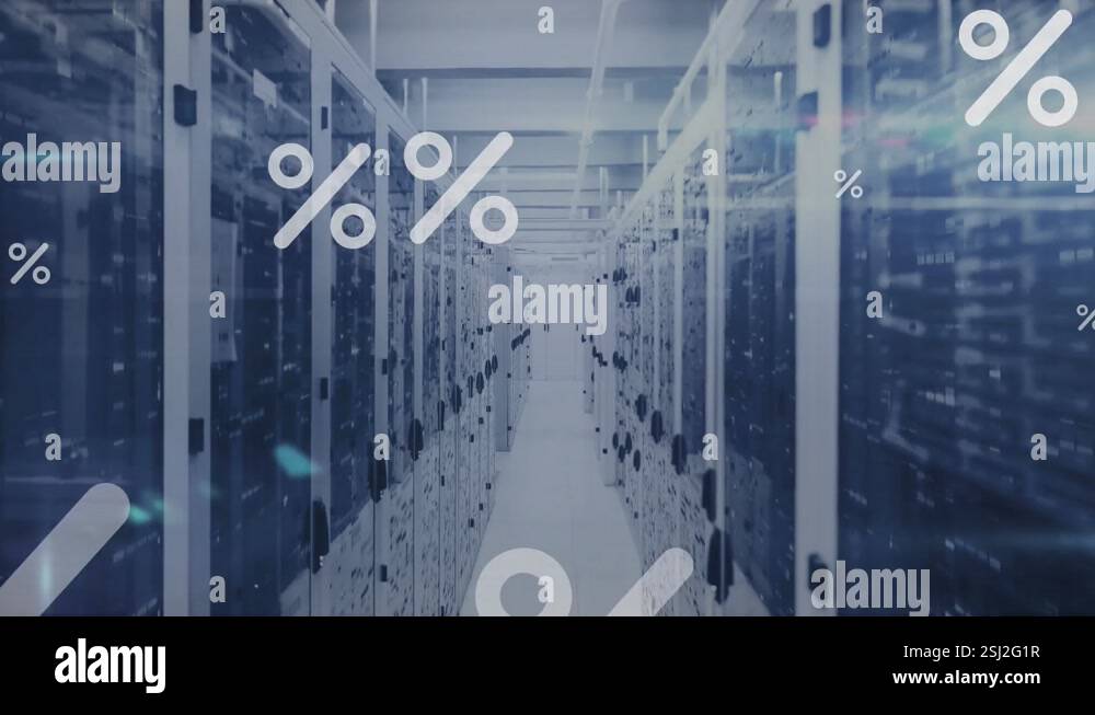 Animation of percentile symbols and falling bars on server room in ...