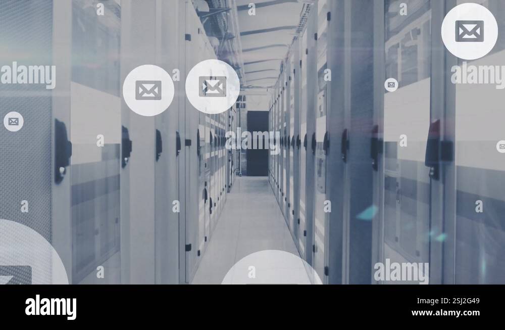 Animation of envelope icon in circles over moving bars on server room in Stock Video Footage - Alamy