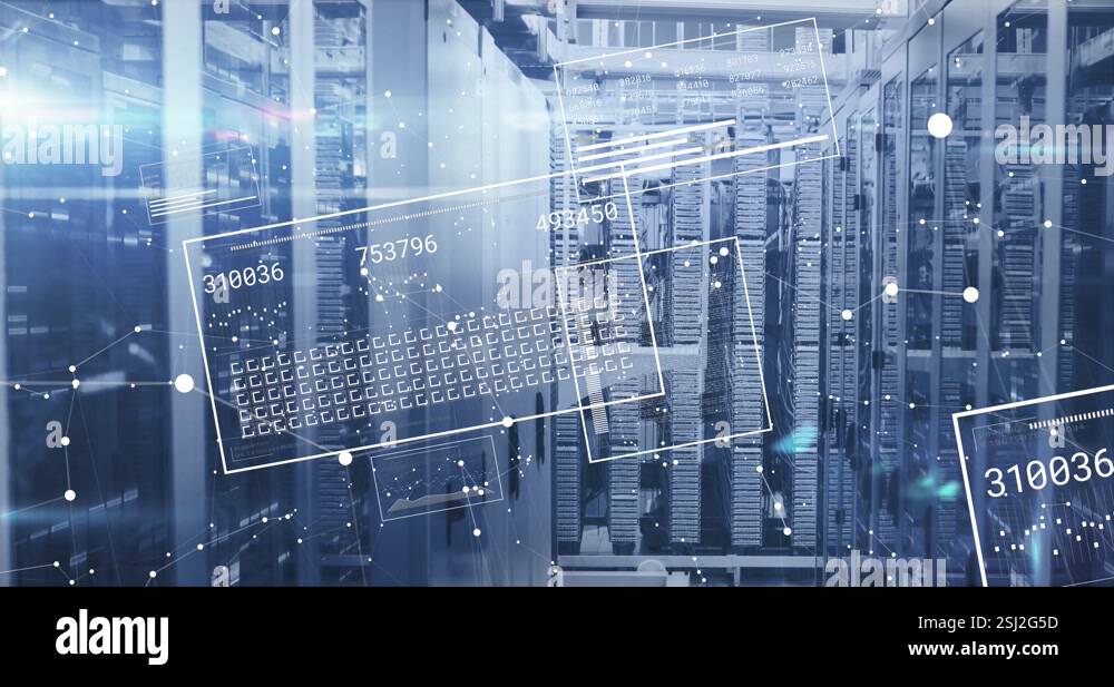 Animation of changing numbers loading bars and squares over server room in Stock Video Footage ...