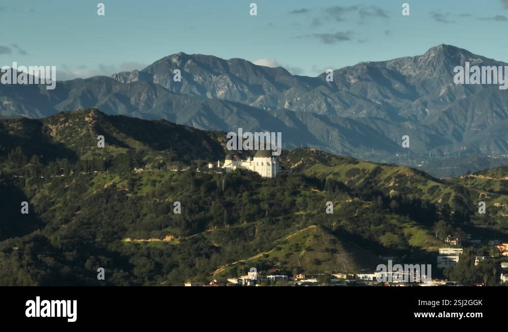 Scenic landmark buildings in green park, Flying around Griffith ...