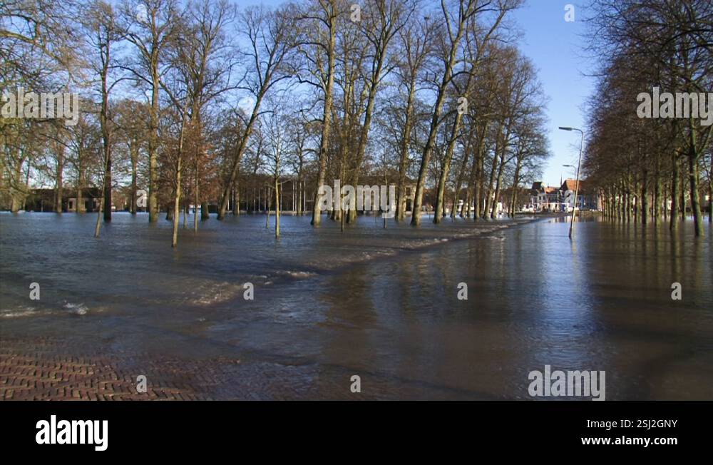 flooded road + parking lot, due to high water level in river IJssel ...