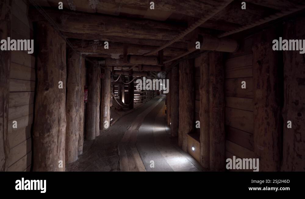 Empty Long Corridor Made From Wooden Timber in Wieliczka Salt Mine ...