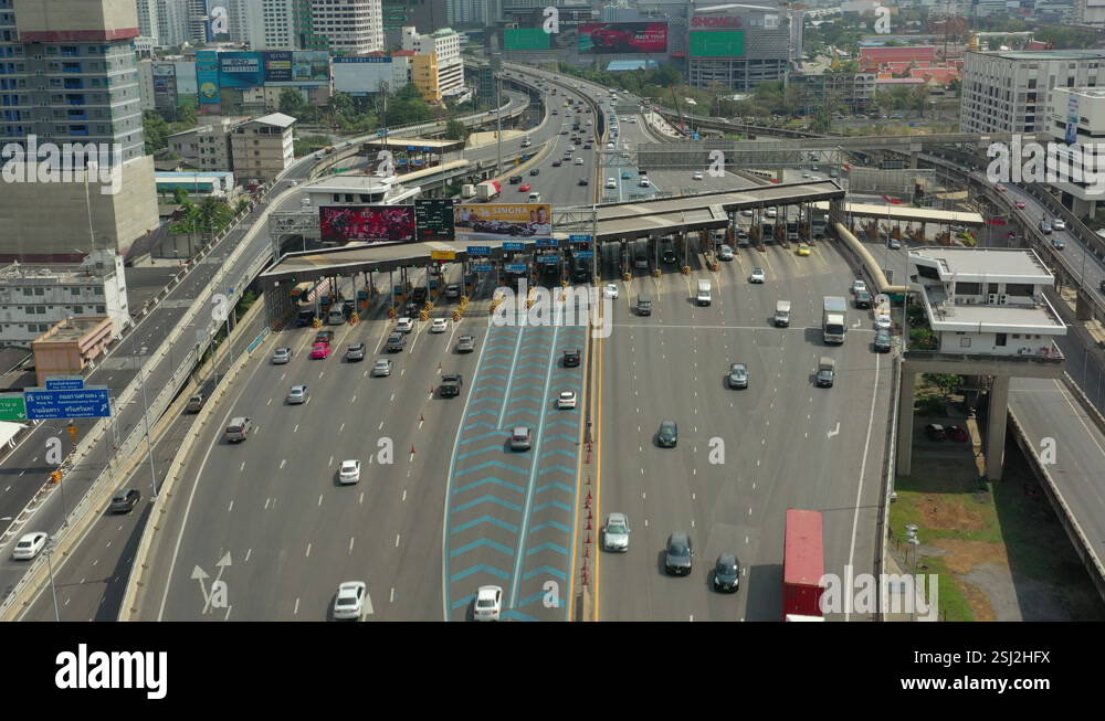 bangkok city traffic road toll gate interchange aerial panorama 4k ...