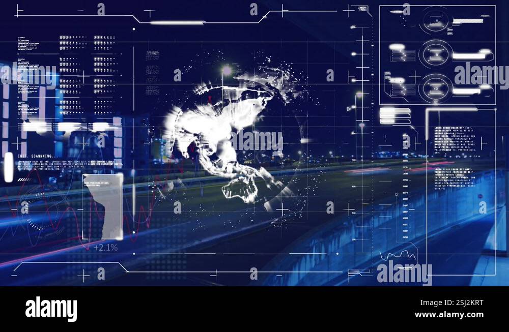 Animation of globe, loading bars and data over time-lapse of moving ...