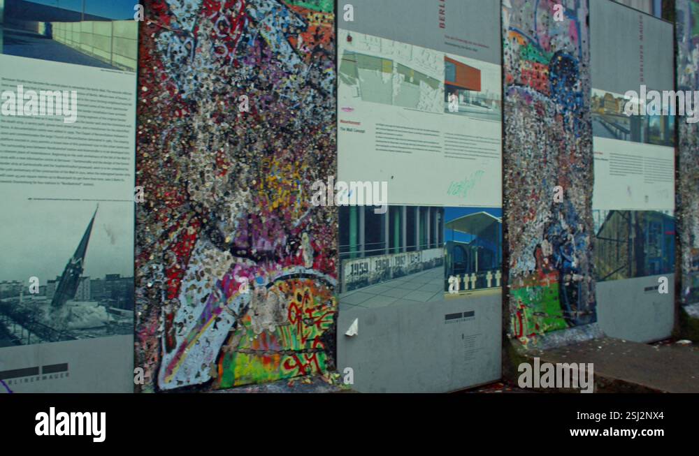 Close up of Berlin wall with information panels in Potsdamer Platz ...