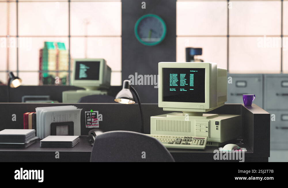 Retro Vintage Office Space PC with code displayed on a monitor. Old CRT ...