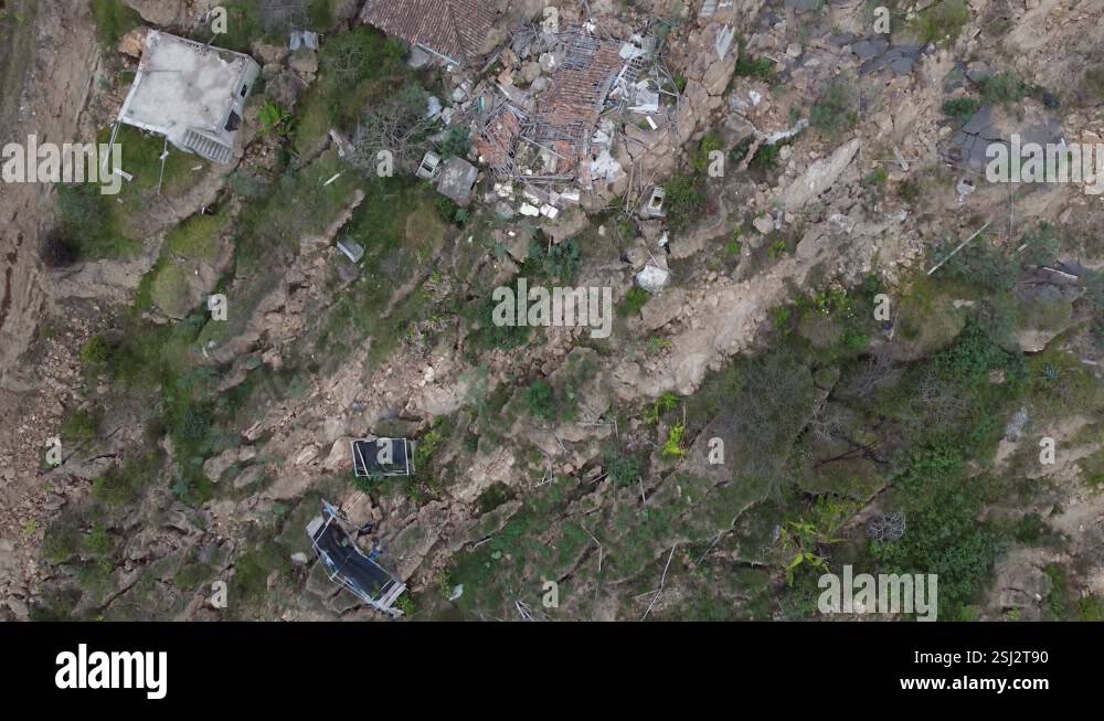 Overhead drone view of route of landslide area due to massive ...