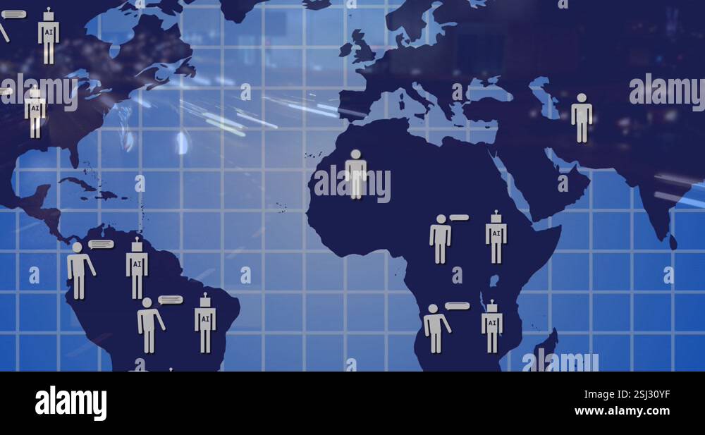 Animation of people and ai icons on world map over road traffic Stock ...