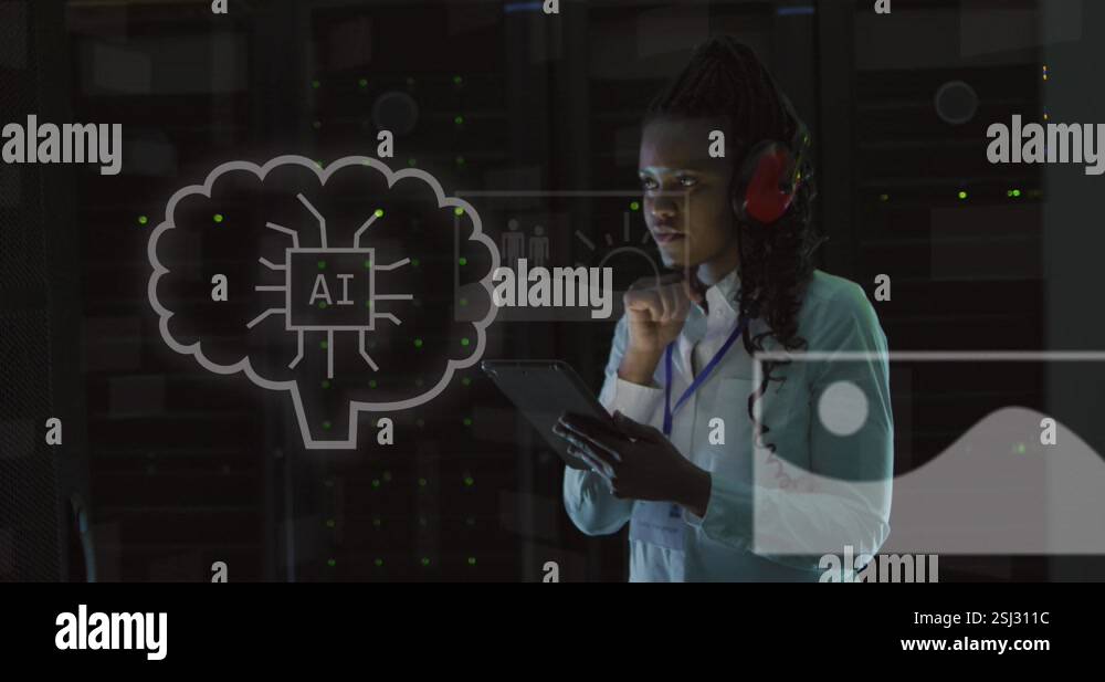 Animation of ai text, icons and female african american it engineer and ...