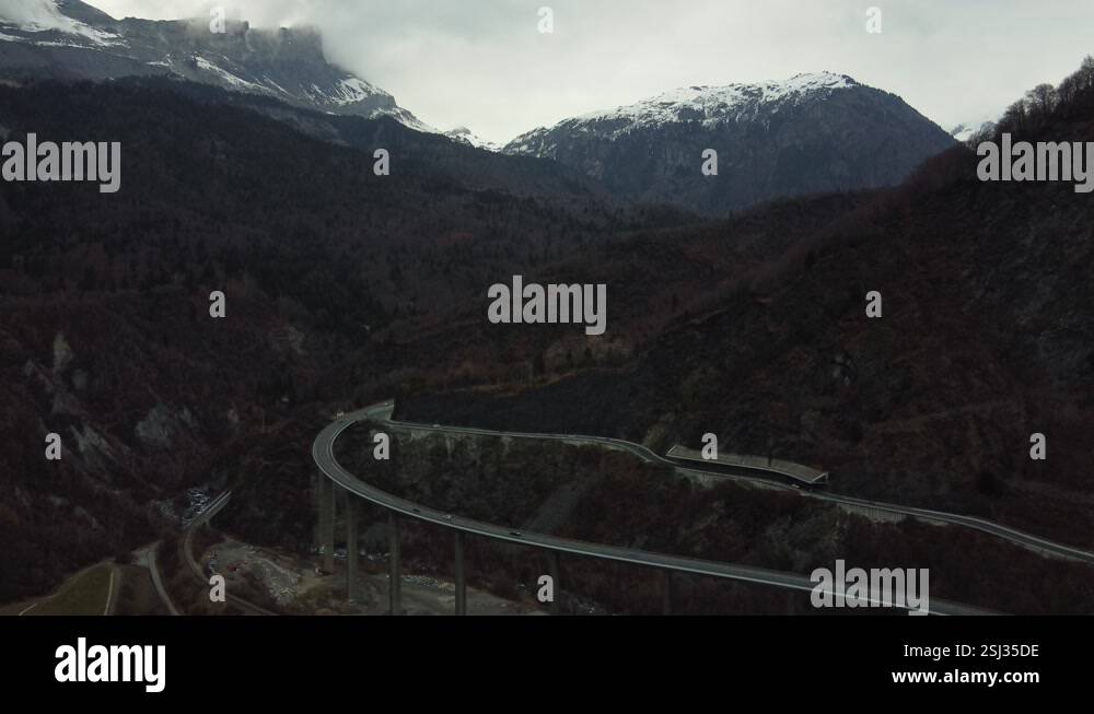 Aerial of the A40 highway on the Égratz viaduct, french Alps. Important ...