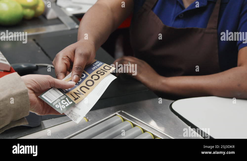 Cashier Giving Discount Coupon and Receipt to Customer Stock Video ...