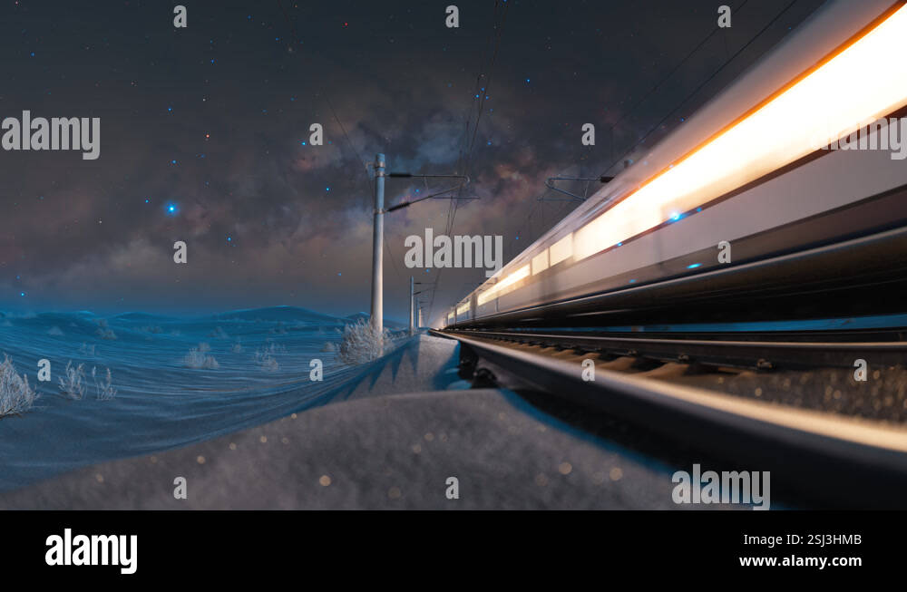 Fast Modern High-Speed Bullet Train Racing Across Sandy Desert Dunes at ...