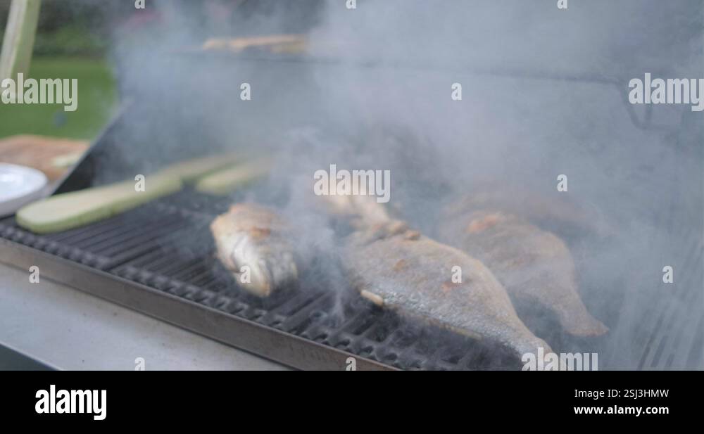 Cooking fish. Baking and roasting marinated fish on barbecue grill. 4K ...