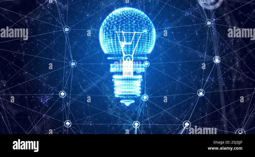 Animation of light bulb spinning with network of connections on blue ...