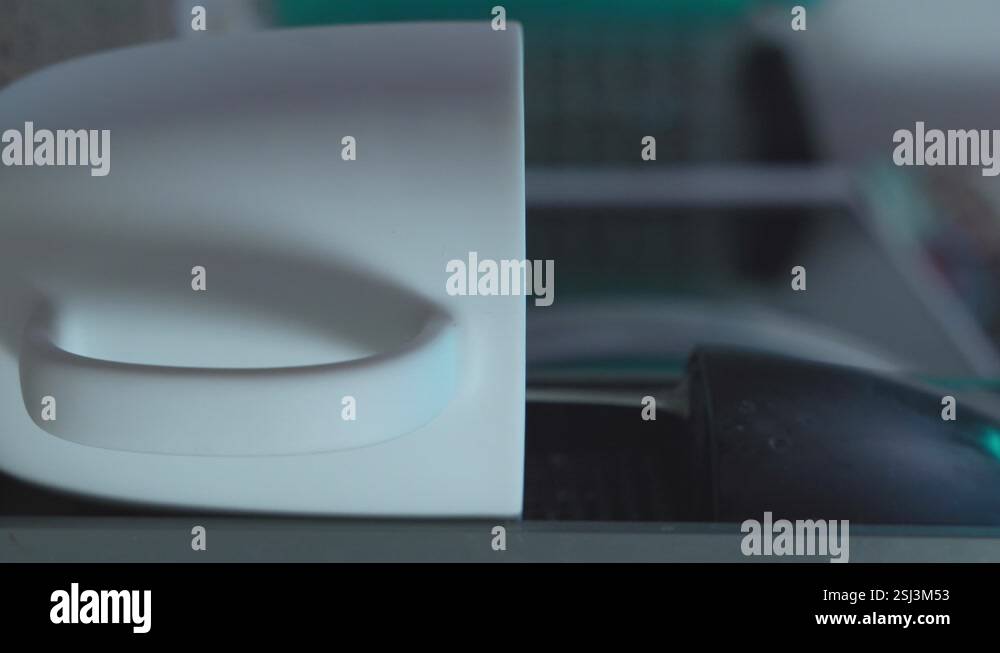 White cup pouring jet coffee machine dog paw break Barista preparing ...