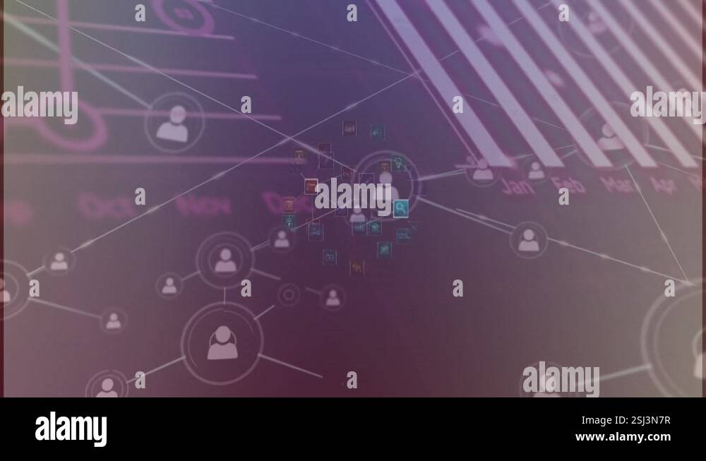 Animation Of Network Of Profile Icons Over Statistical Data Processing