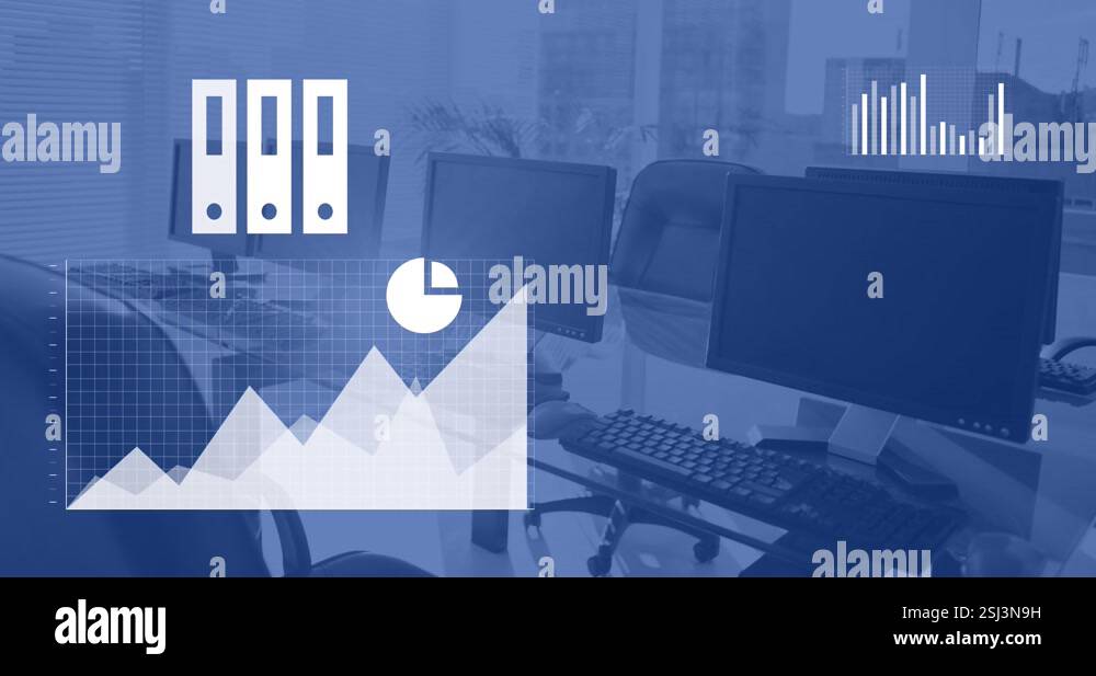 Animation of multiple icons, map and graphs over computers on desk in ...