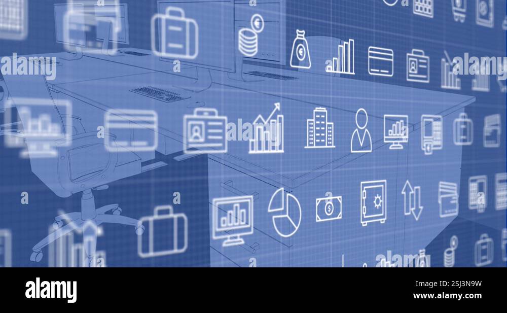 Animation of multiple icons over unoccupied chair and computer on desk ...