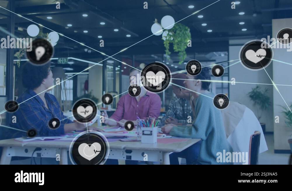 Animation of icons connected with lines over diverse coworkers sharing ...