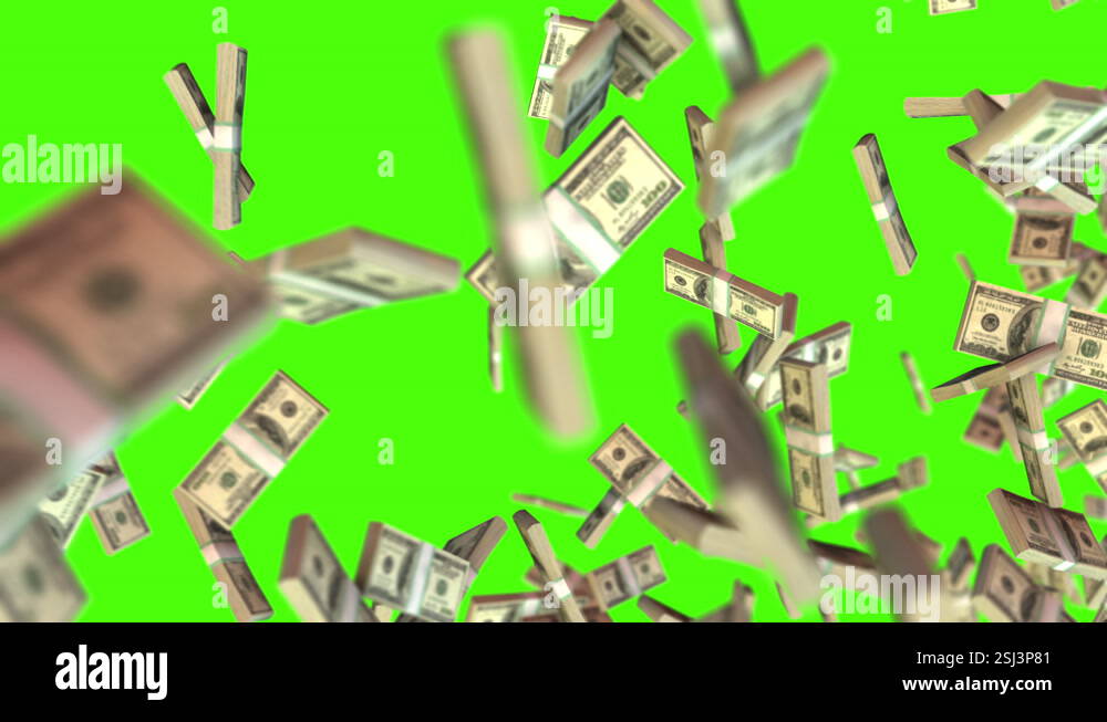 100 Dollar Bills Falling Towards Camera in Slow Motion with Chroma Key ...