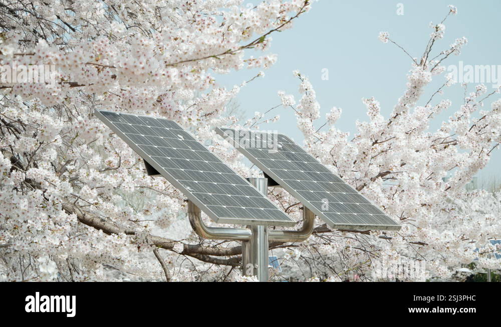 Street light working from clean solar panel eco energy on background of ...