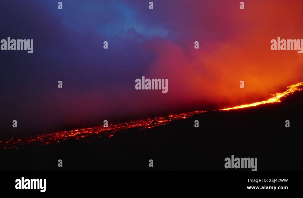 Amazing sky with purple rain clouds glowing from red hot volcano lava ...