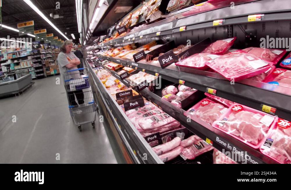 Walmart grocery store interior meat counter and people shopping Stock ...