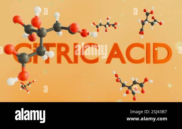 A 3D animation of the structure of a citric acid molecule. The tribasic ...