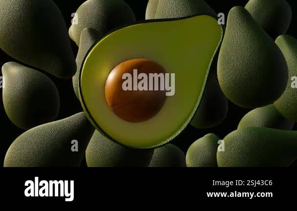 A 3d animation of avocados, the contrast between the dark, bumpy skin ...