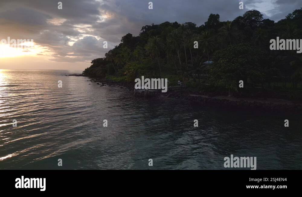 just before sunset beach with palm trees, pier Dramatic aerial view ...