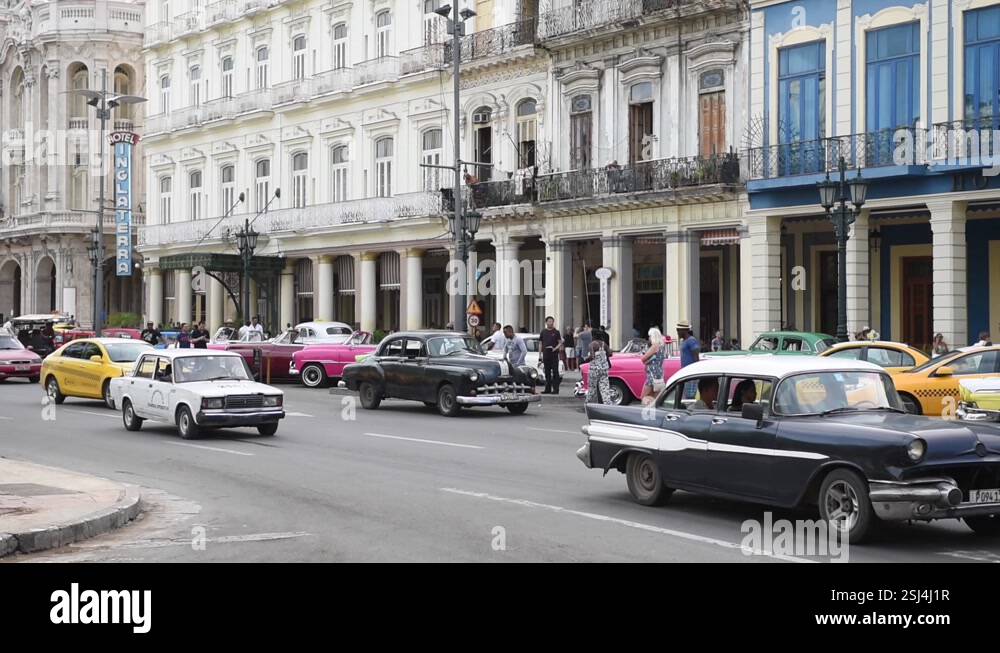 Havana Downtown and Old Town. City Centre and Unique Old Taxi Cars and ...