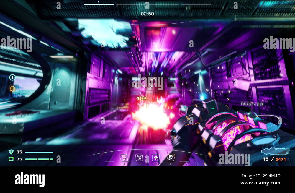 Killing the alien boss to complete the level of a modern sci-fi shooter ...