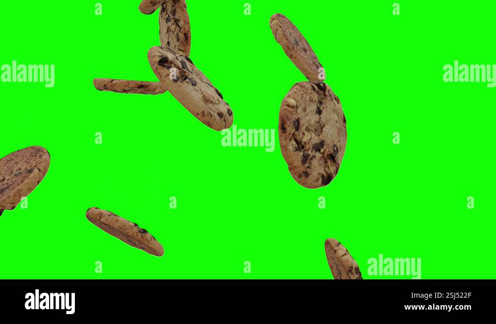 Huge Chocolate Chips Whole Cookies And Halves Falling on Green Screen ...