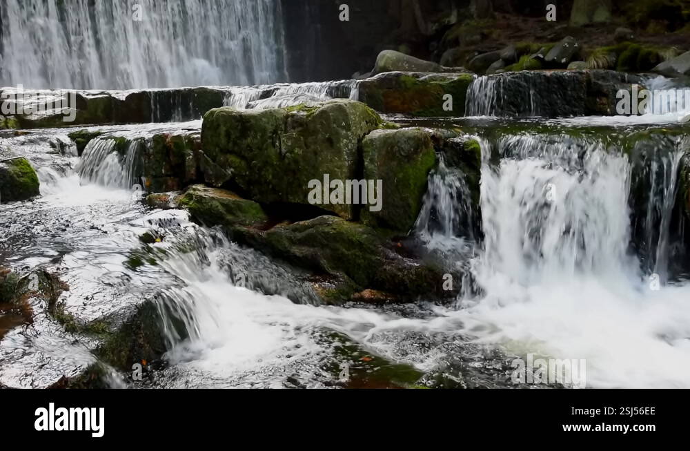 Mountain waterfalls with the rocks in the forest, zoom in, slow motion ...