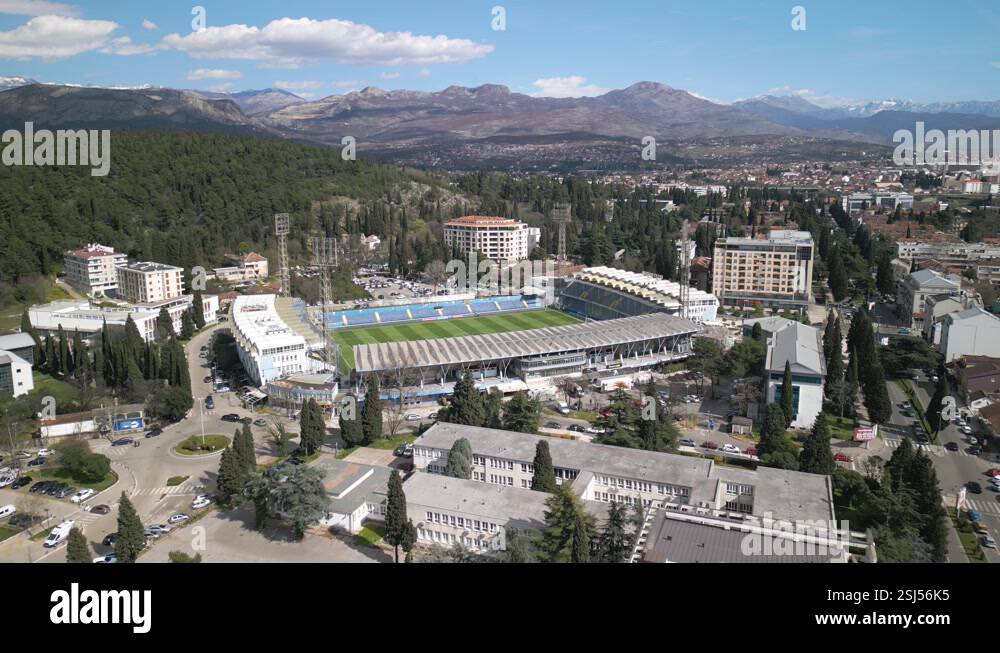 Podgorica City Stadium in Montenegro. Cinematic Drone Shot Stock Video ...