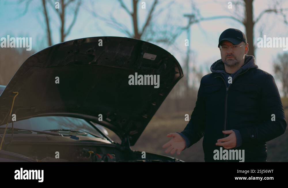 Disappointed man standing beside broken car with open hood. Stressed ...
