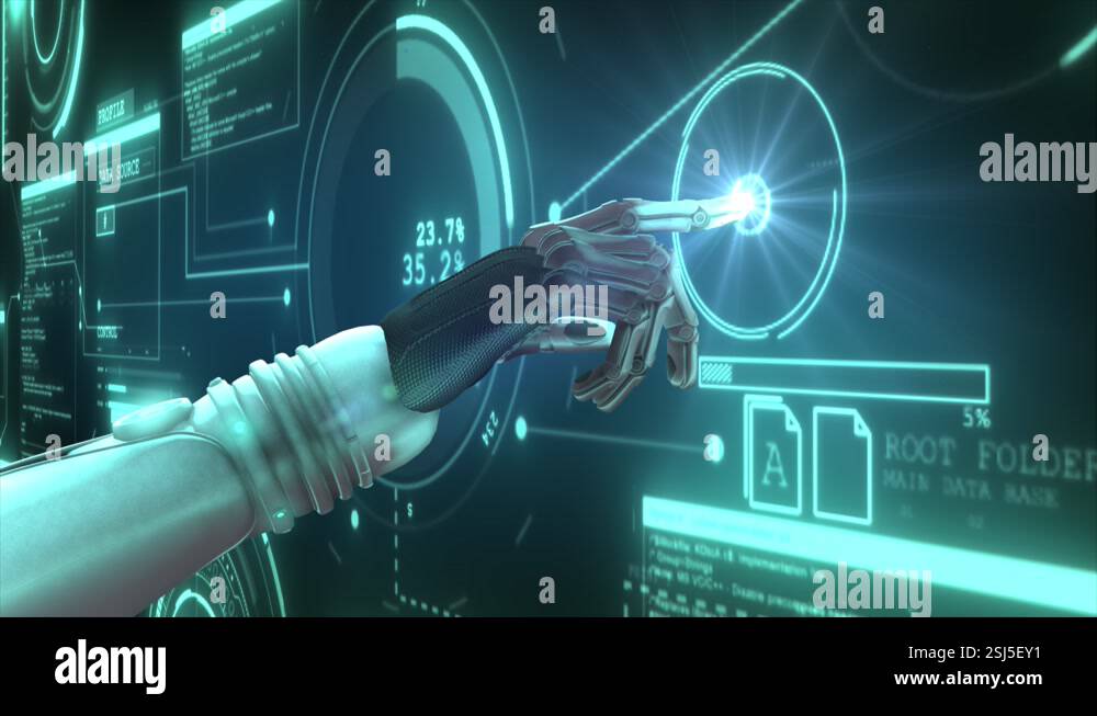High quality 3D CGI render of a robot arm touching and activating a ...