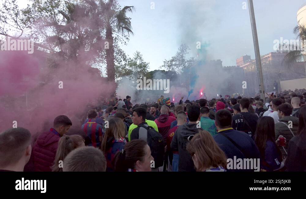 FC Barcelona fans outside Camp Nou stadium celebrating before an El ...