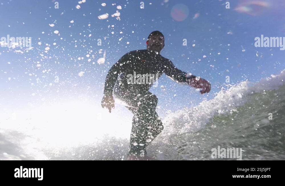 POV: motion of surfer performs a roundhouse turn at the junction on a ...