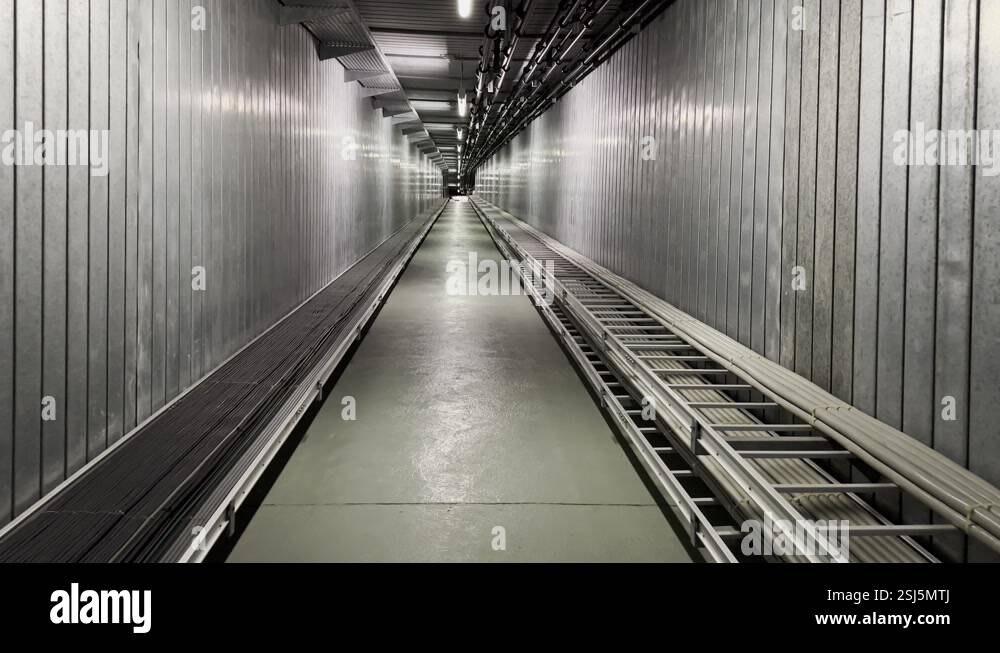 Industry with a long corridor that looks like a tunnel. Many cables and ...