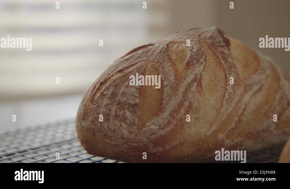 Sourdough bread in a bakery, camera slowly moving from the left of the ...