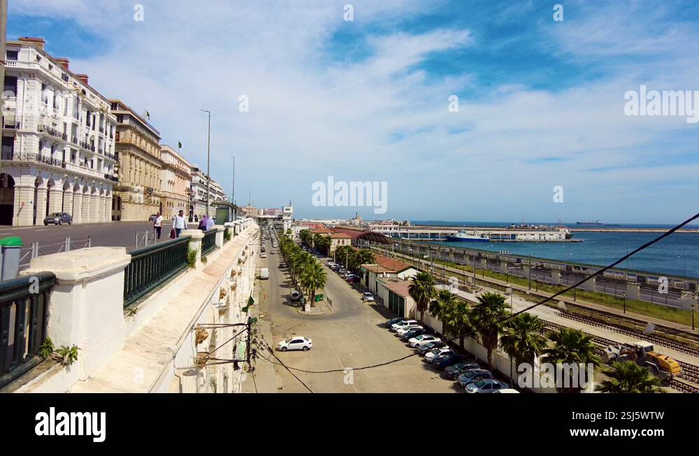 view of the train tracks and the road to the seafront of Algiers Stock ...