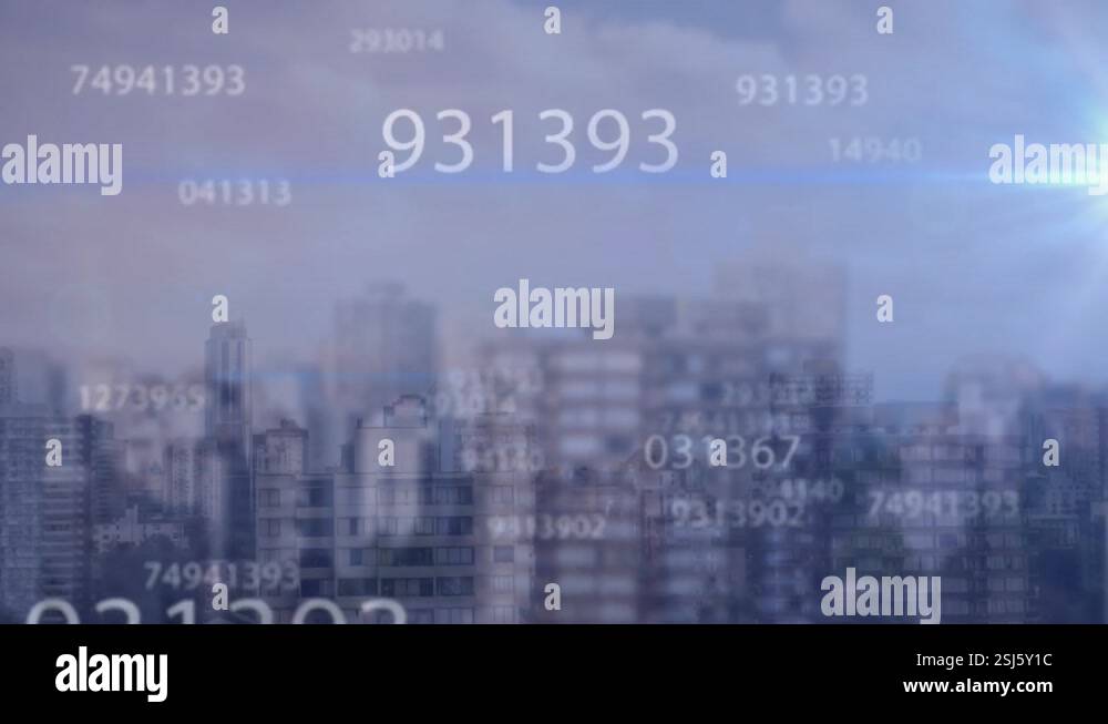 Animation of changing numbers and blue light spot against aerial view ...