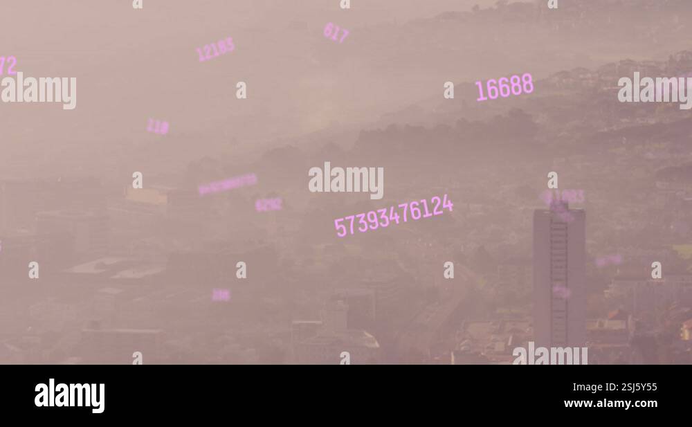 Animation of multiple changing numbers floating against aerial view of ...