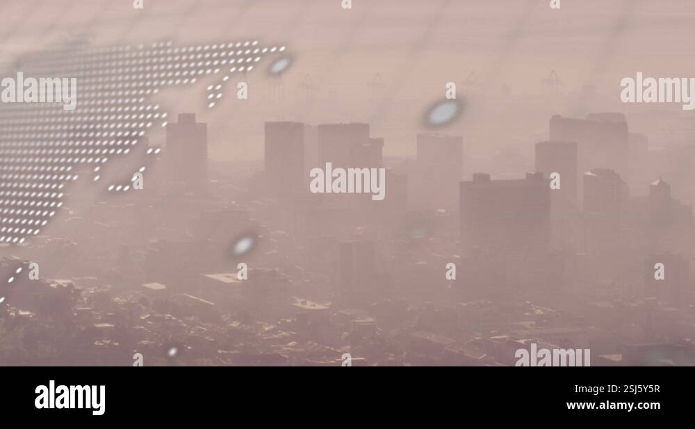 Animation of world map, globe and data processing against aerial view ...