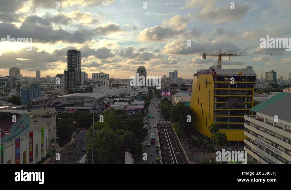 Train on track terminus over street. Fantastic aerial view flight ...