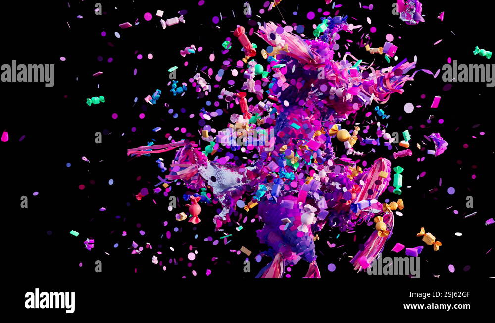 Piñata flies a little and then explodes and candy with glitter fly out ...