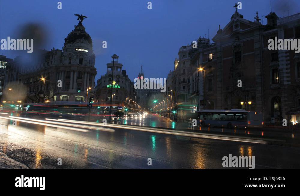 Gran Via, Madrid, Spain. Time lapse. Rush hour. Rainy Stock Video ...